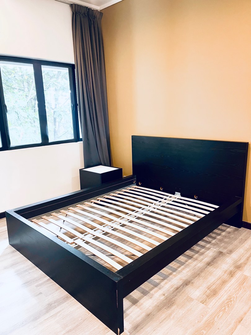 Queen bedframe with solid wood veneer- Ikea Malm, Furniture & Home Living, Furniture, Bed Frames ...