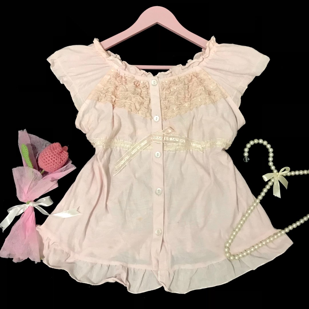 Shojo Dollcore Milkmaid Sawako Ruffles Baby Pink Coquette Laced Top ...