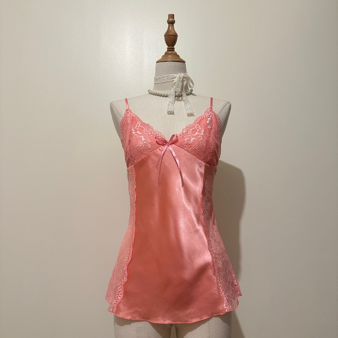 bright pink laced silk top, Women's Fashion, Tops, Sleeveless on Carousell