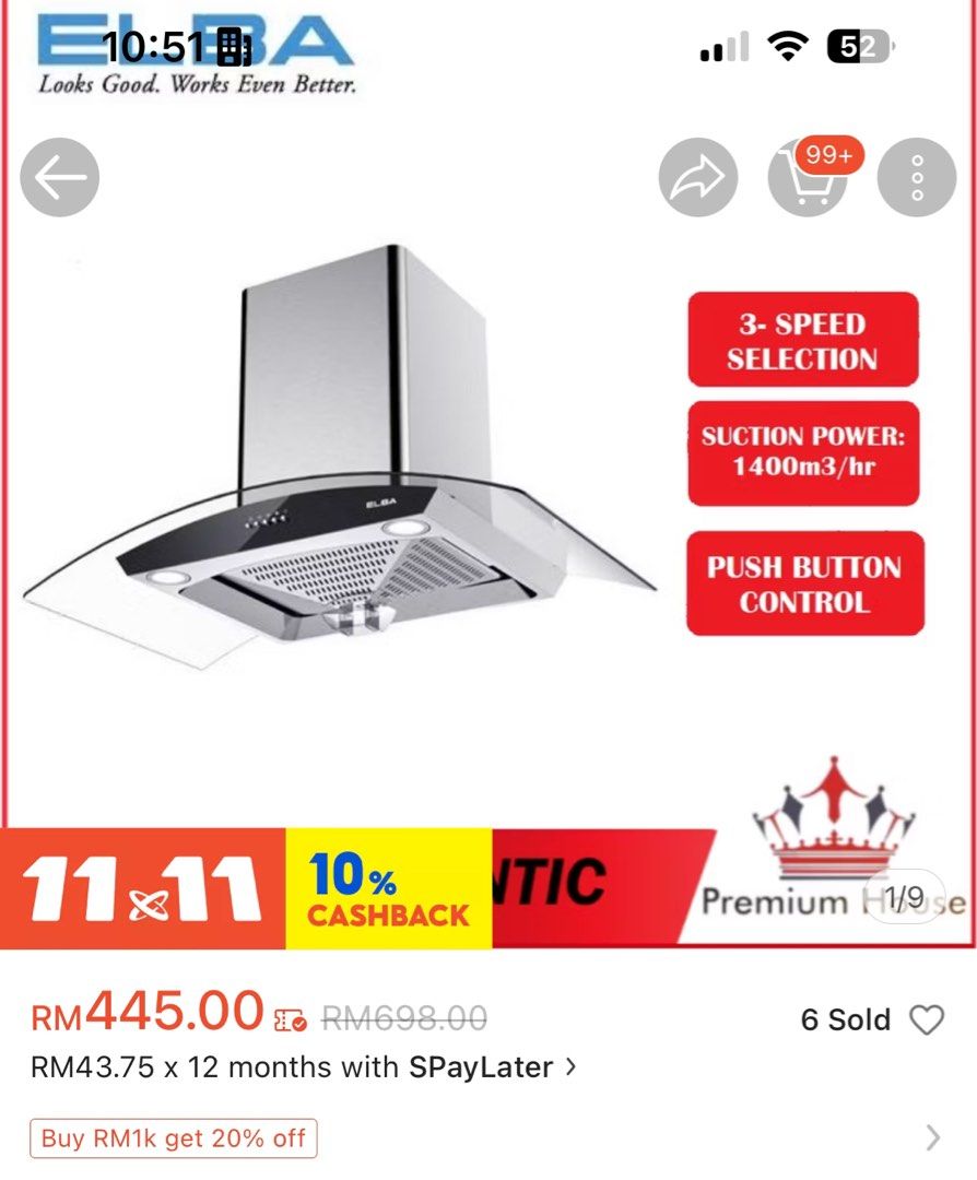 ELBA INFINITO EH-J9088(SS) 1400m3/hr DESIGNER HOOD COOKER HOOD CHIMNEY HOOD 3 SPEED CONTROL, TV ...