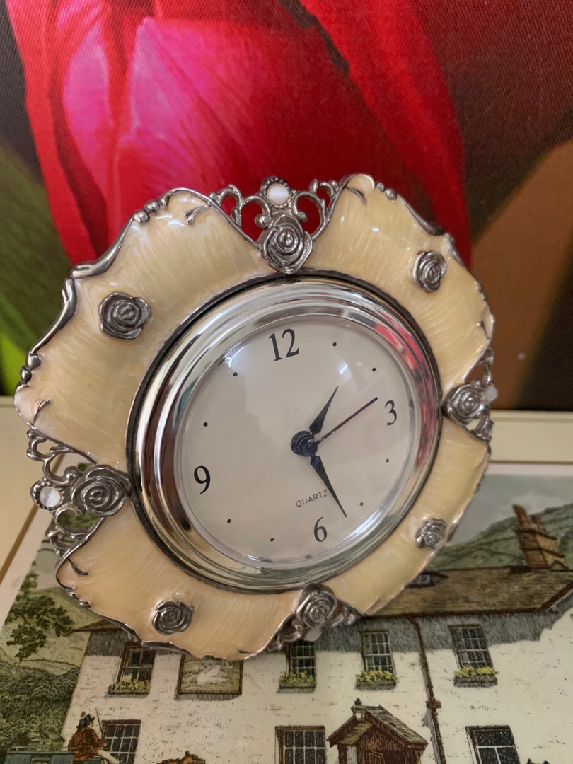 Vintage Enamel and crystals| yellow with white metal Mantle clock ...
