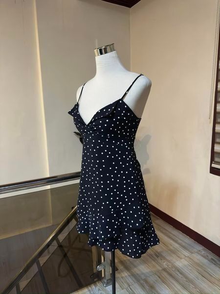 XS-M Spaghetti Strap V Neck Black Polkadots Ruffle Hem Mini Dress Sexy ...