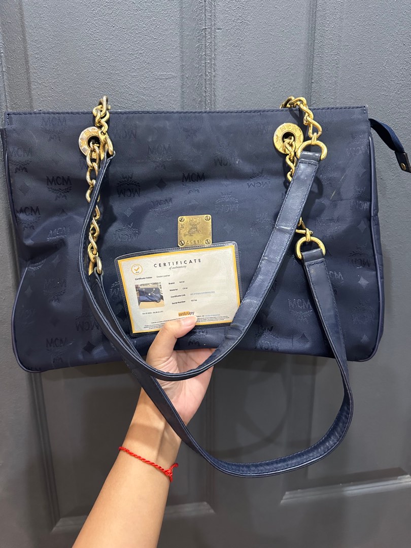Auth OG MCM Germany Dark Blue Nylon Visetos Chain Tote, Women's Fashion ...