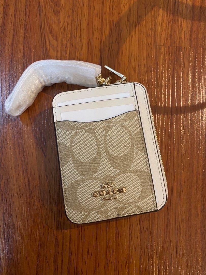 Coach Zip Card Case in Signature Leather White, Luxury, Bags & Wallets ...