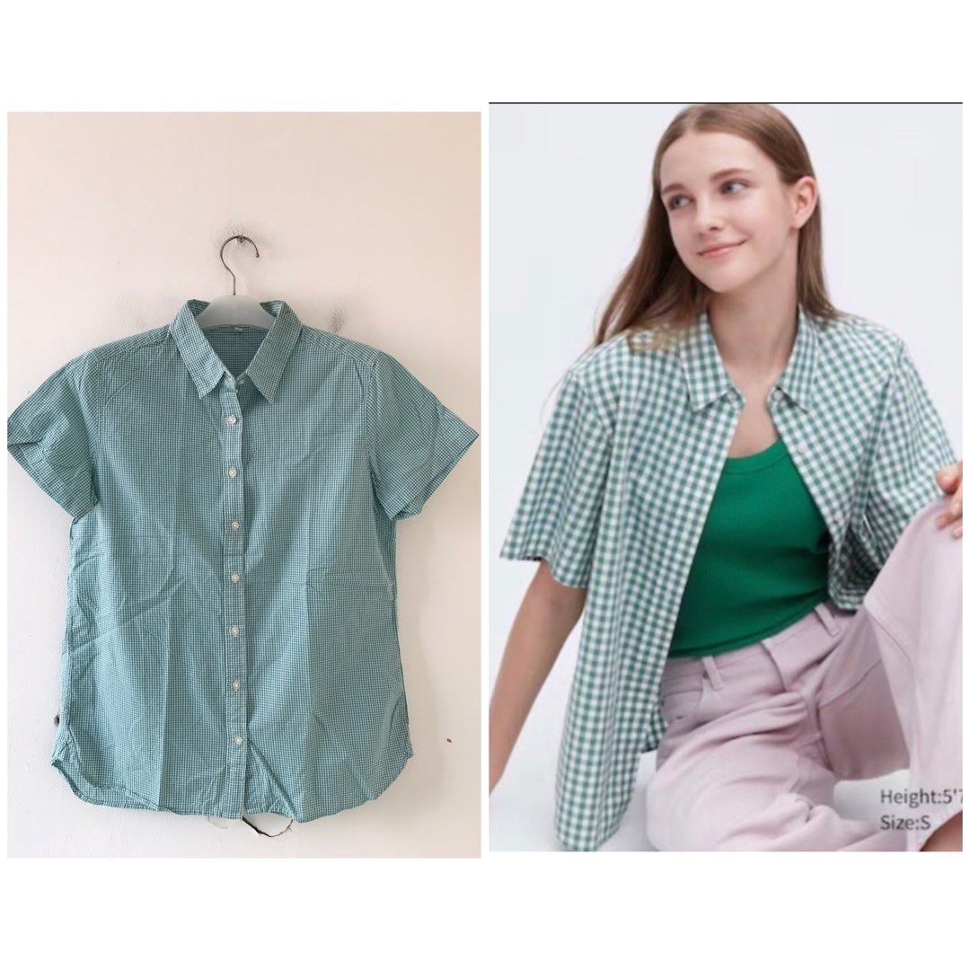 MUJI Kemeja Cutton Organic Lengan Pendek Kotak2 Hijau L, Fesyen Wanita ...