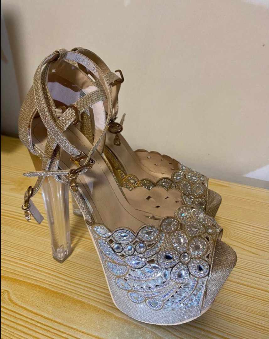 Elegant Crystal-Embellished Gold High Heels with Transparent Pageant ...