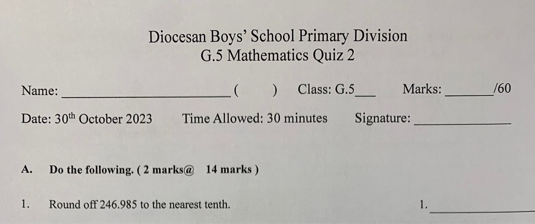 DBSPD 23-24 G5 Maths Quiz 拔萃男書院附屬小學 小五數學小測, 興趣及遊戲, 書本 & 文具, 教科書 - Carousell