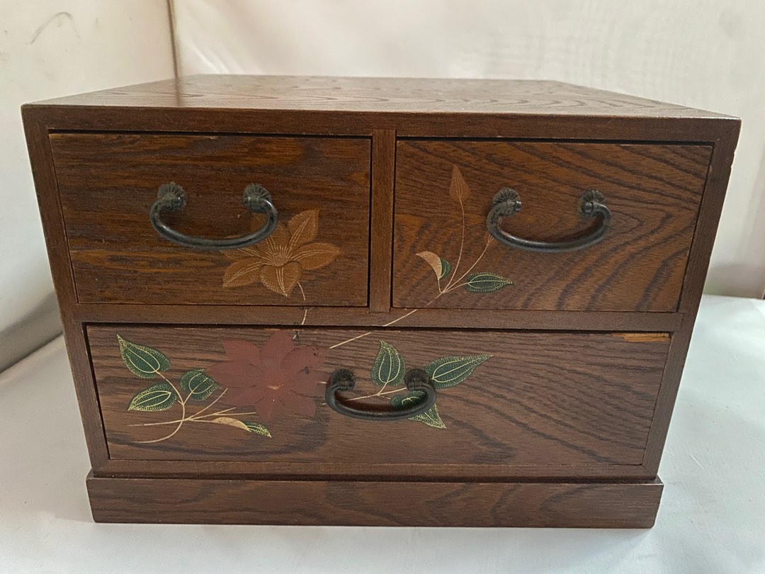 Japanese Wooden Tansu Storage Chest Vtg Haribako Makie Floral 3 Drawers ...