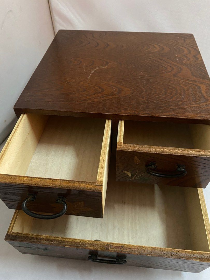 Japanese Wooden Tansu Storage Chest Vtg Haribako Makie Floral 3 Drawers ...