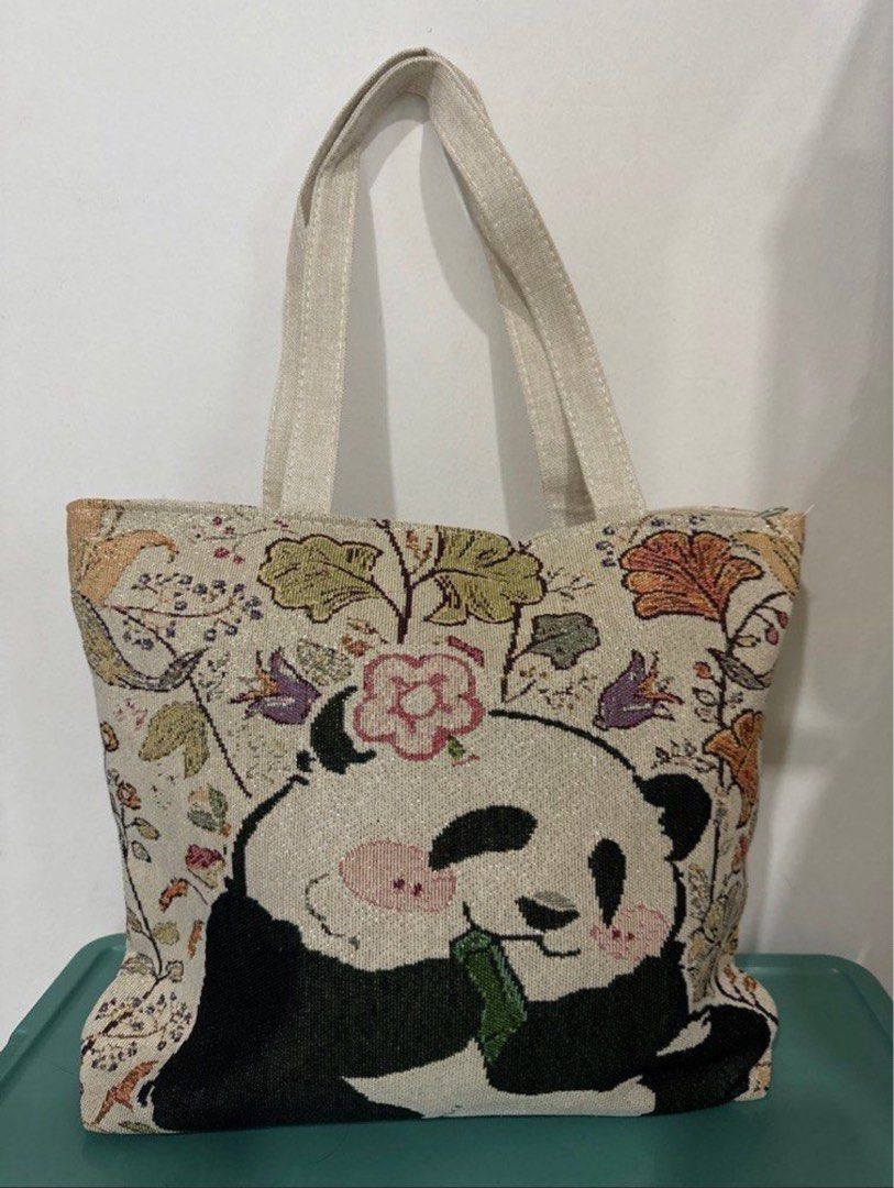 Kids-Apricot beige Linen embroidered panda shopping bag tote bag ...
