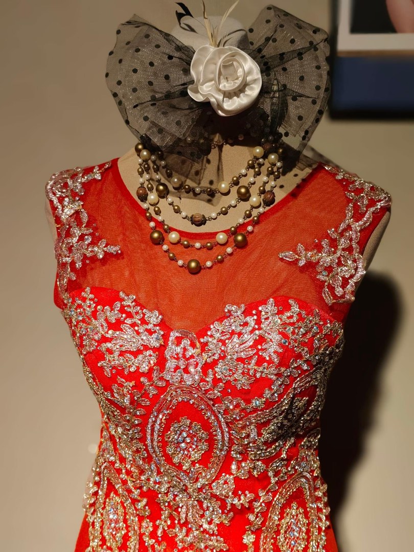 Ukay red/gold evening gown with beads and trail, Women's Fashion ...