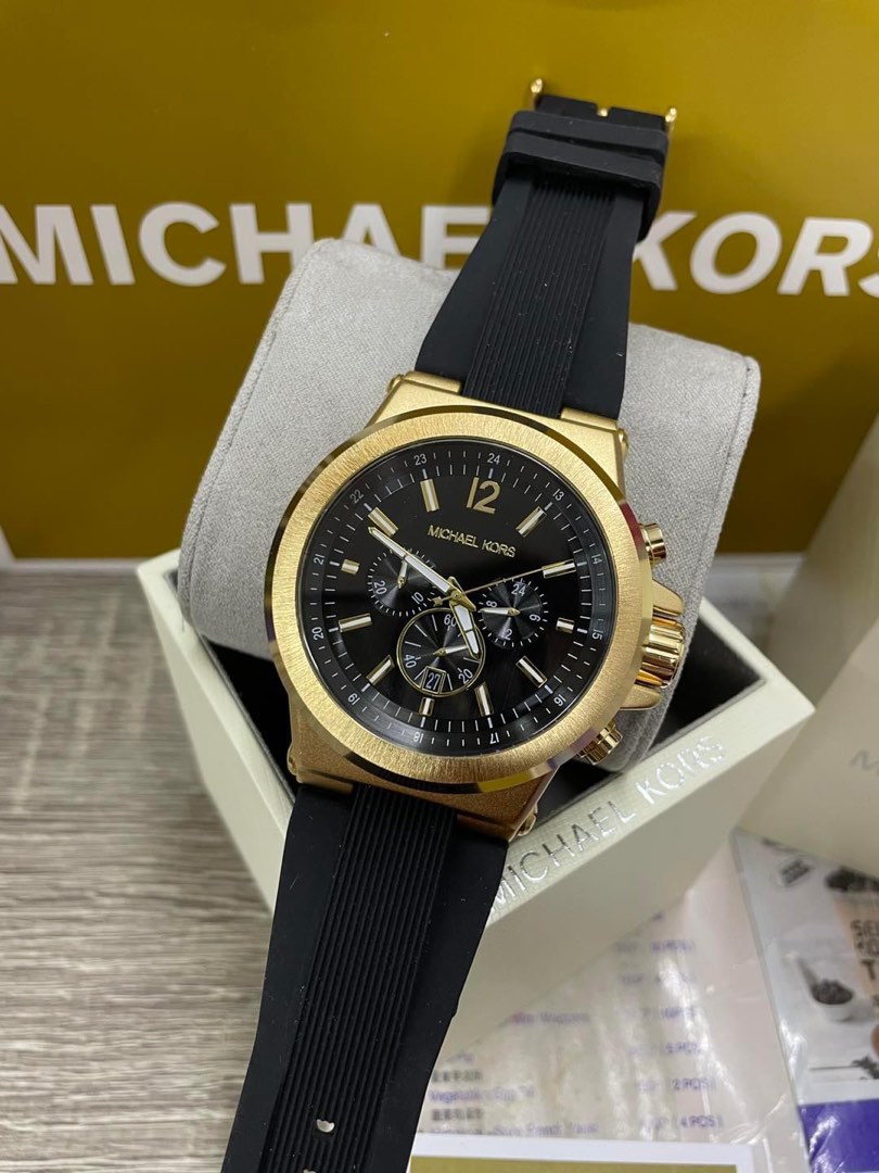 MK DYLAN RUBBER STRAP GOLD BLACK DIAL AUTHENTIC WATCH, Men's Fashion ...