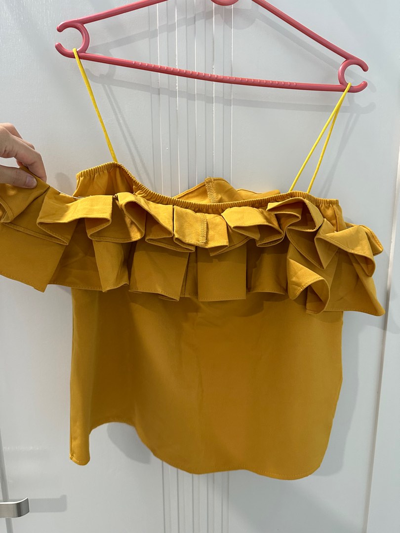 Offshoulder frilly yellow top, Women's Fashion, Tops, Shirts on Carousell
