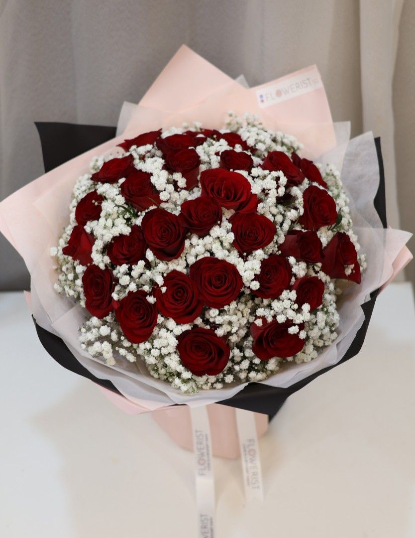 Red Rose Baby Breath Fresh Flower Bouquet ; anniversary, birthday ...