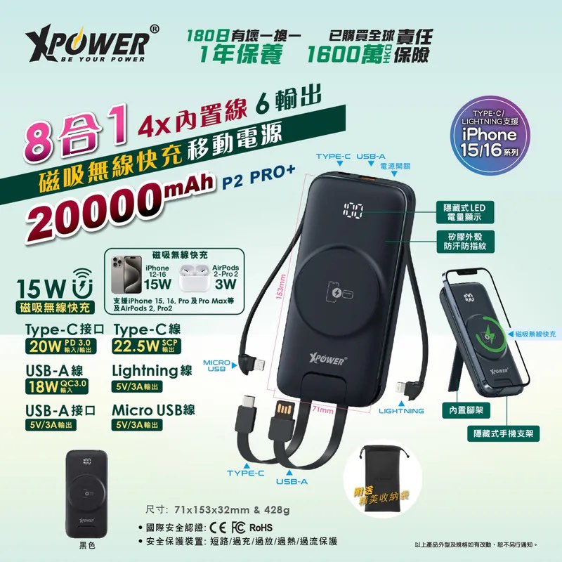 XPower P2 Pro+ 8合1 20000mAh 22.5W 磁吸無線 + PD3.0移動電源 (升級版), 手提電話, 電話及其他裝置 ...