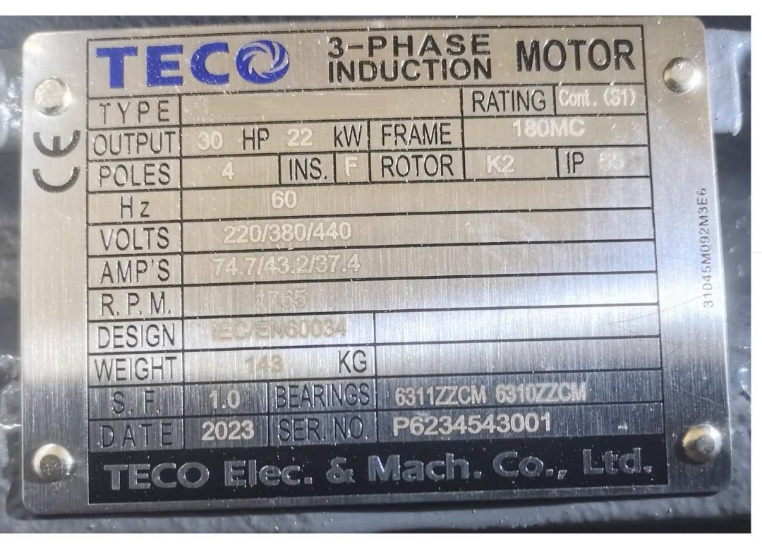 30hp 22KW TECO INDUCTION MOTOR 4POLES 220-440V 1765rpm, Commercial ...