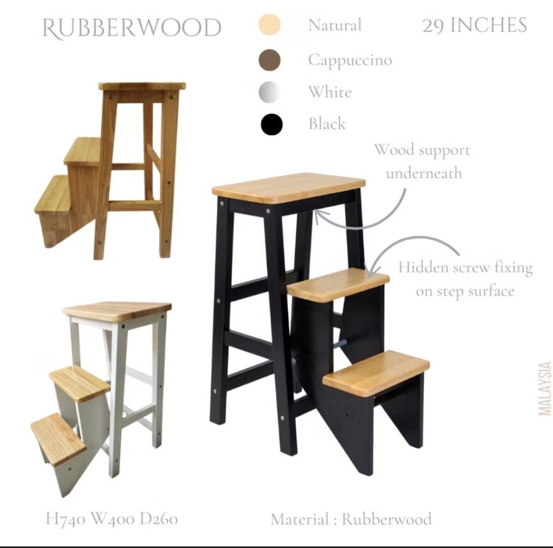 3 Step Solid Wood Ladder, Foldable Ladder Stool, Kerusi Kayu Tangga ...