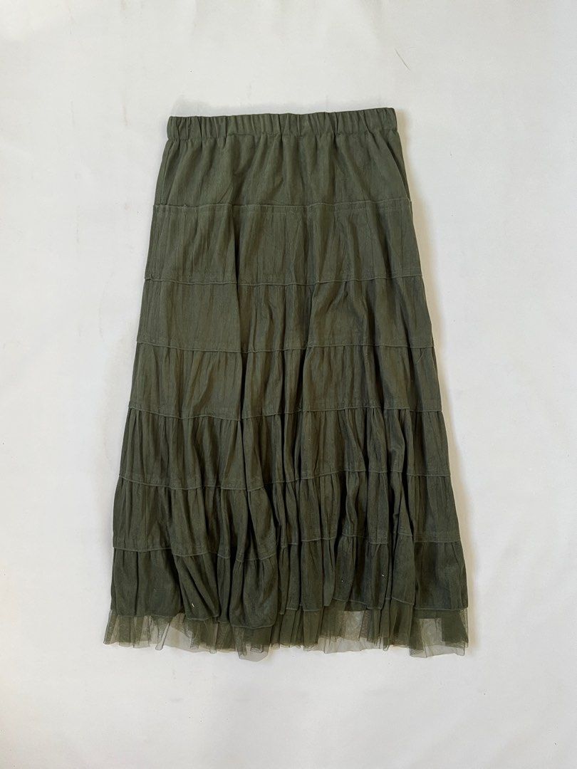 vintage army green velvet fabric tiered & layered fairycore maxi skirt, Women's Fashion, Bottoms ...