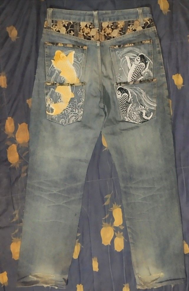 Vintage Distressed Memory Special Double Pocket Embroidered Koi Fish ...