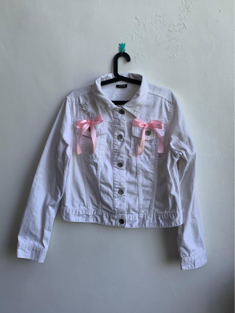 COQUETTE PINK RIBBON BOWS WHITE DISTRESSED DENIM JACKET, Women's ...
