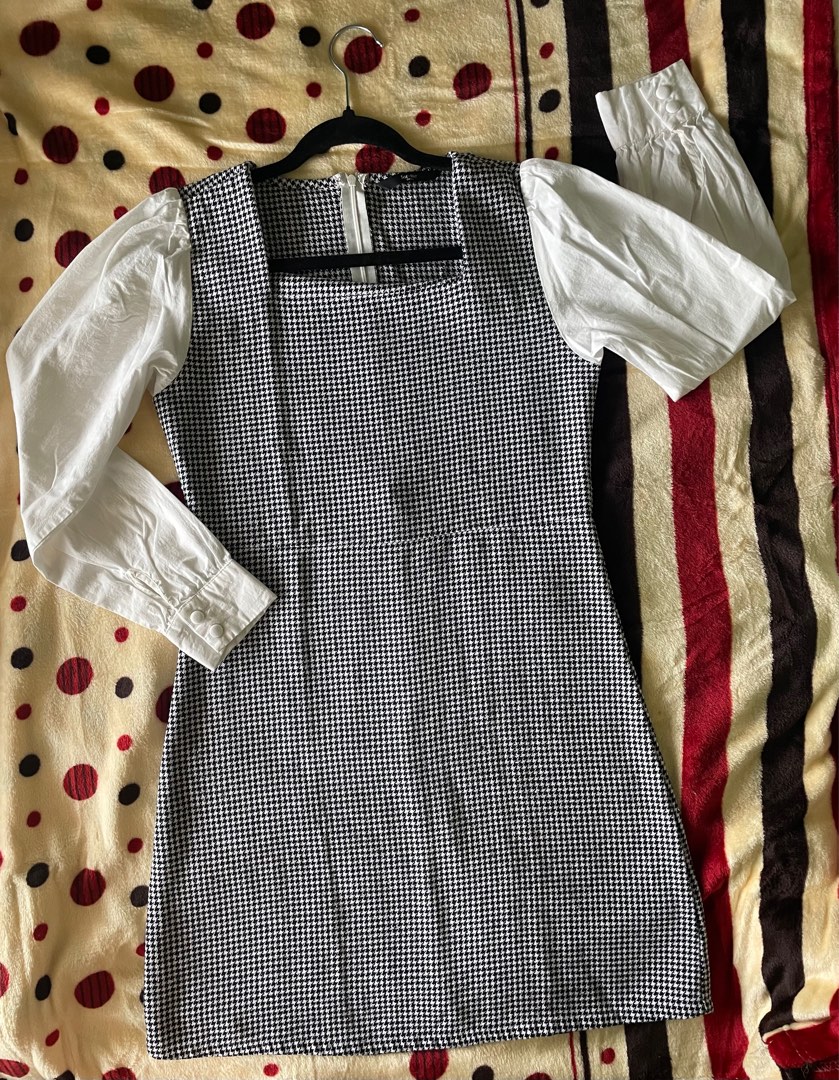 Forme square neck long sleeves houndstooth dress, Women's Fashion ...