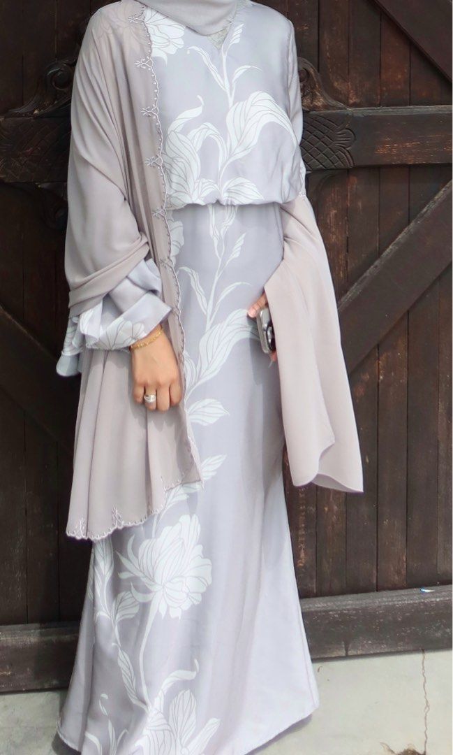 Grey One Piece Kurung Dress, Women's Fashion, Muslimah Fashion, Baju ...