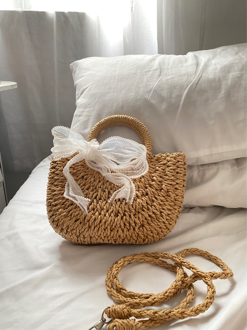 Hand/Crossbody Woven Small Beach Bag with Ribbon Details, Women's ...