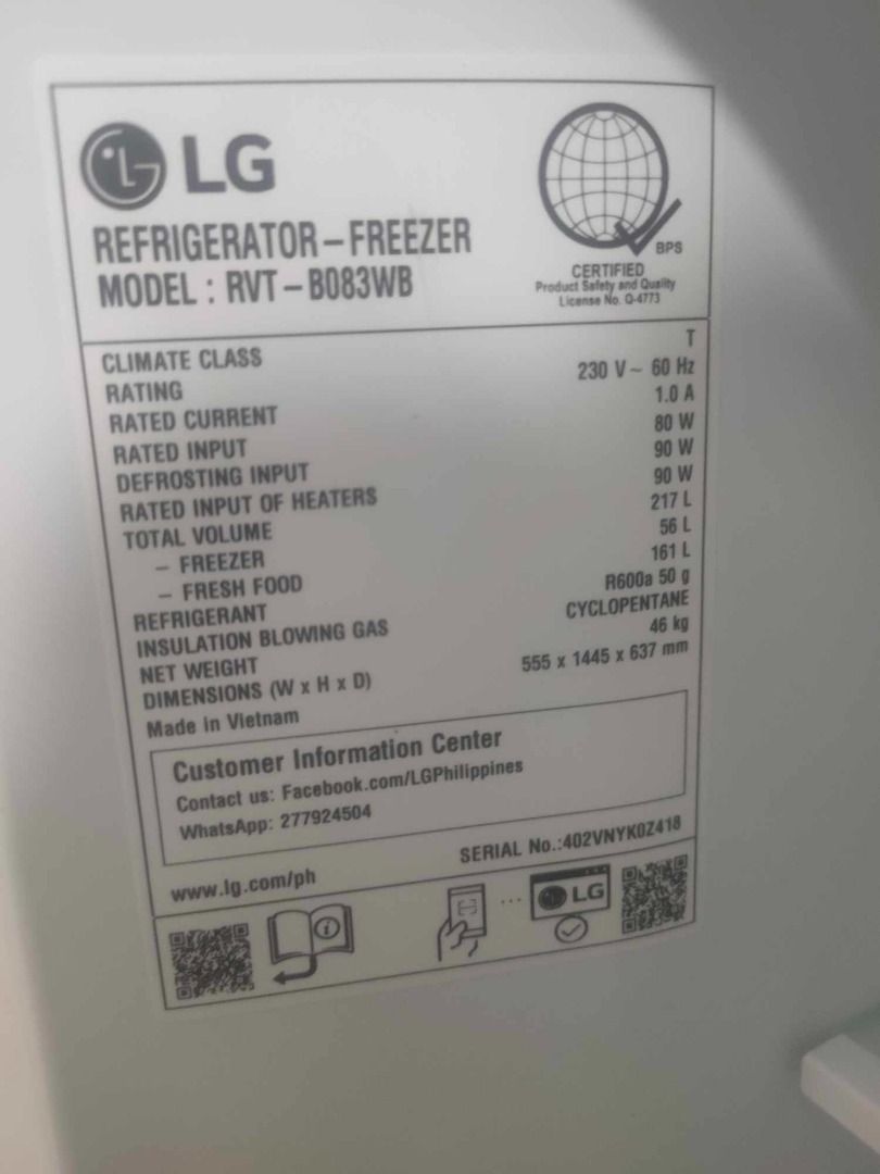 >LG Smart Inverter Refrigerator Model: RVT-B083WB 8.3 cu.ft w/ Warranty ...