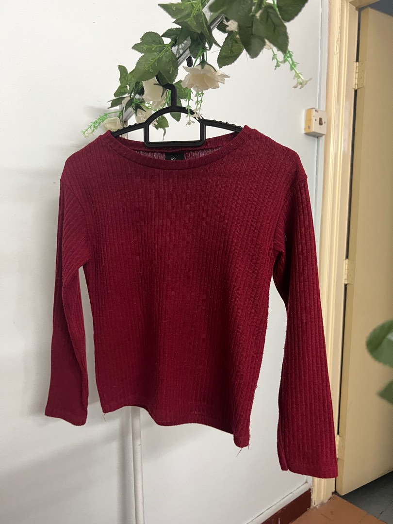Maroon Long-Sleeve Knitwear, Women's Fashion, Tops, Longsleeves on ...