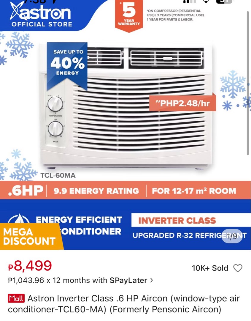 Astron .6 HP Aircon (window-type air conditioner-TCL60-MA), TV & Home ...