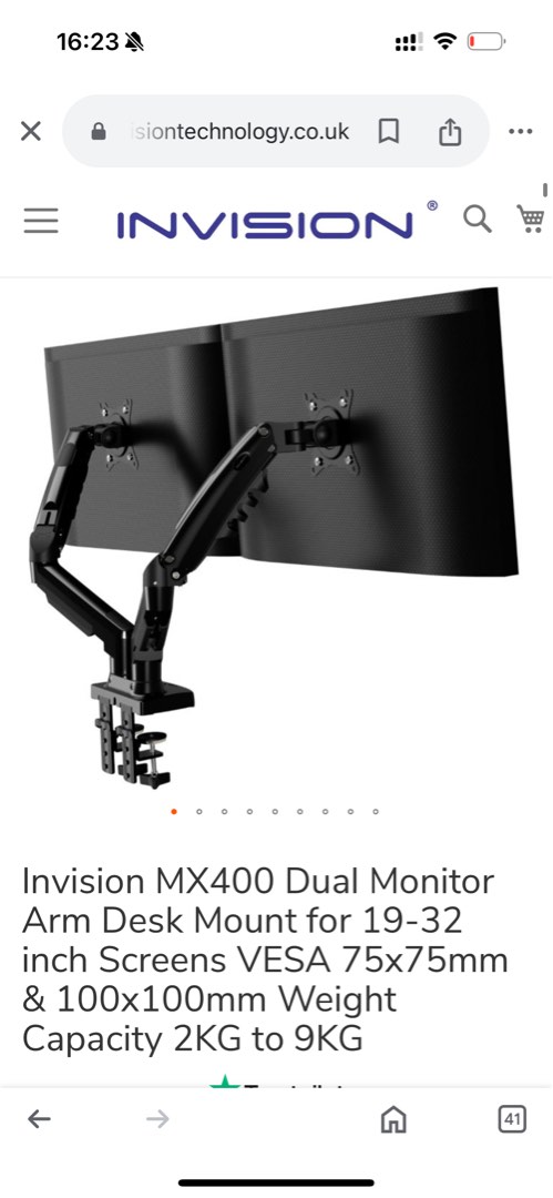 Invision MX400 Dual Monitor Arm Desk Mount for 19-32 inch Screens ...