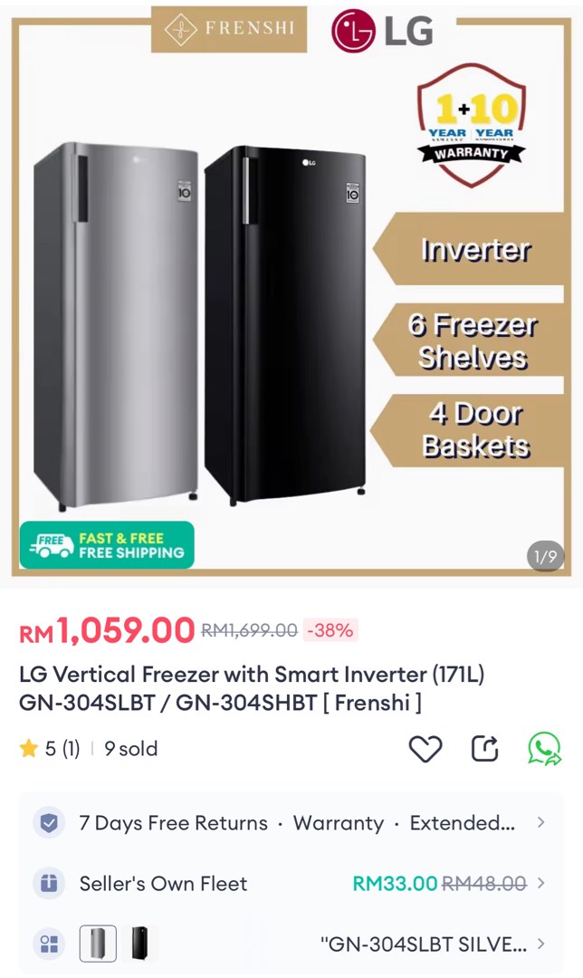 LG Standing freezer -available until 12th Oct, TV & Home Appliances ...