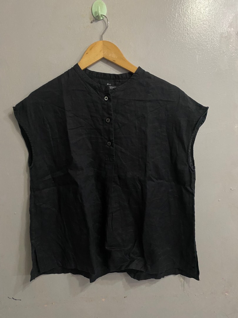 MUJI 100% linen black shirt, Women's Fashion, Tops, Blouses on Carousell