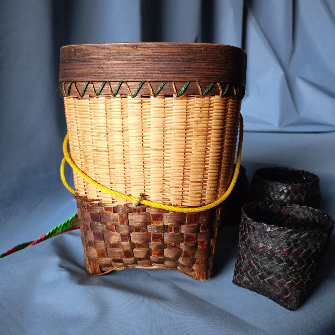 Myanmar Handmade basket bag and 3 cups made by long neck tribe in ...