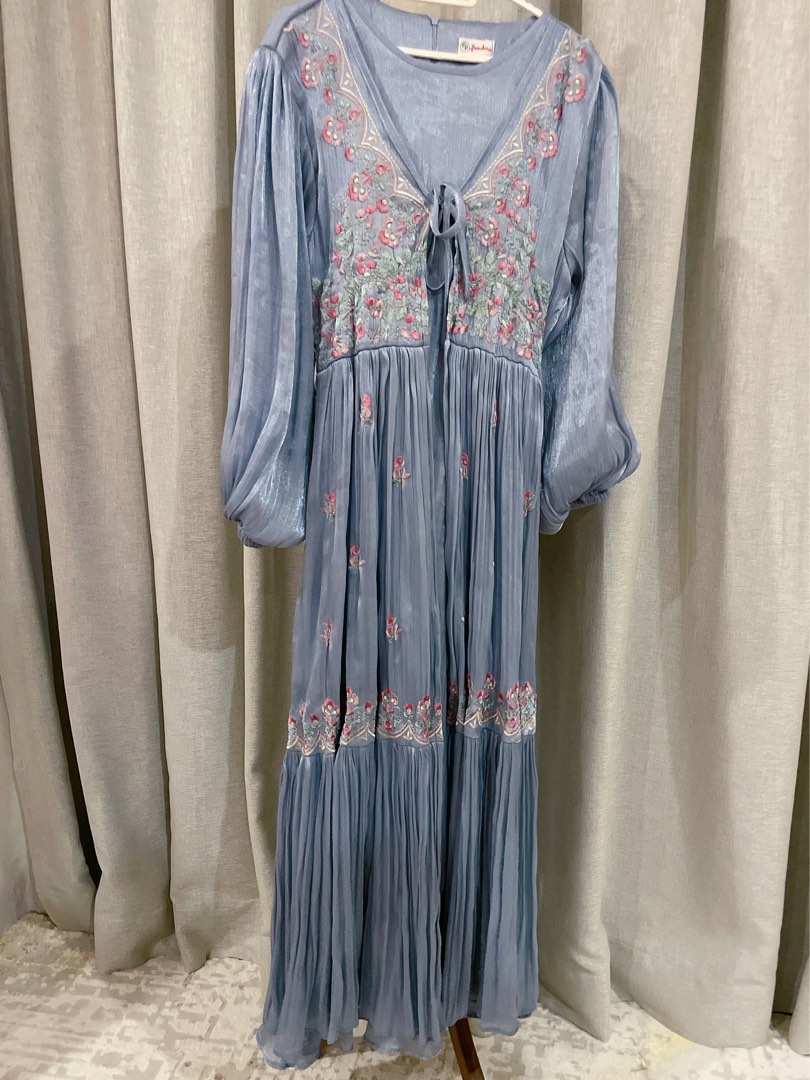 Women muslimah dress embroidered blue shimmer velvet fabric soft ...