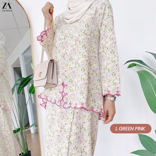 Zoe Arissa Taryna Lace Pink Green Baju Kurung Modern, Women's Fashion ...