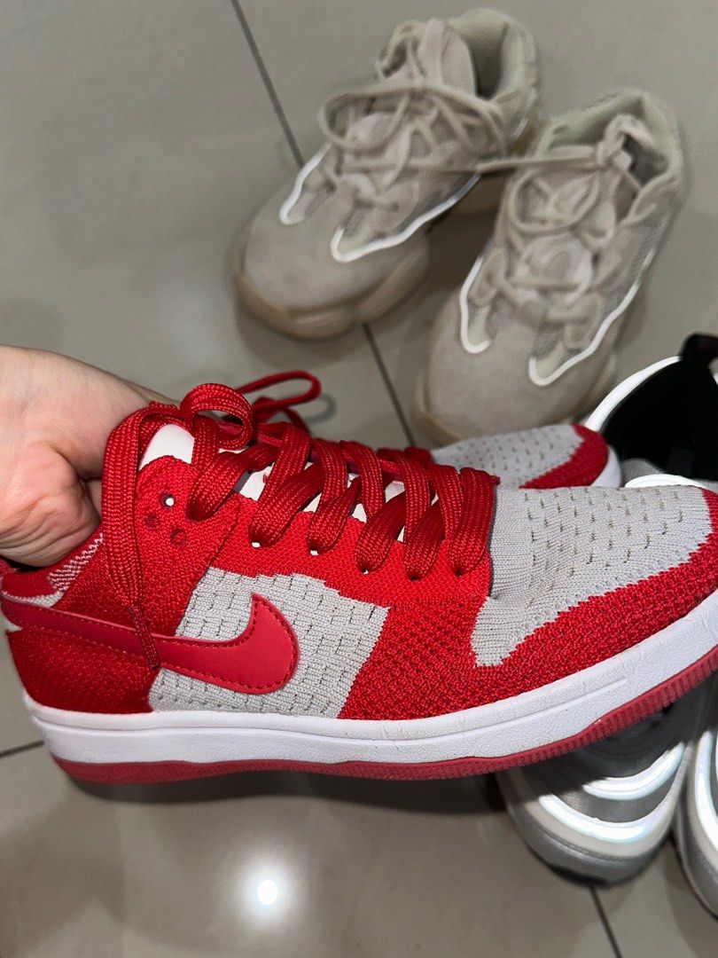 Nike Dunk Low Flyknit University Red Wolf Grey, Women's Fashion ...