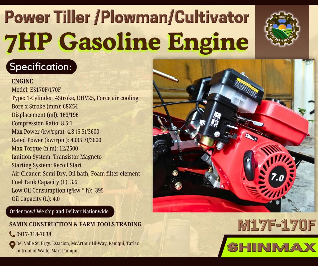 Shinmax Japan Gasoline Power Tiller / Plowman / Cultivator with 7HP Gasoline Engine (M17F-170F ...