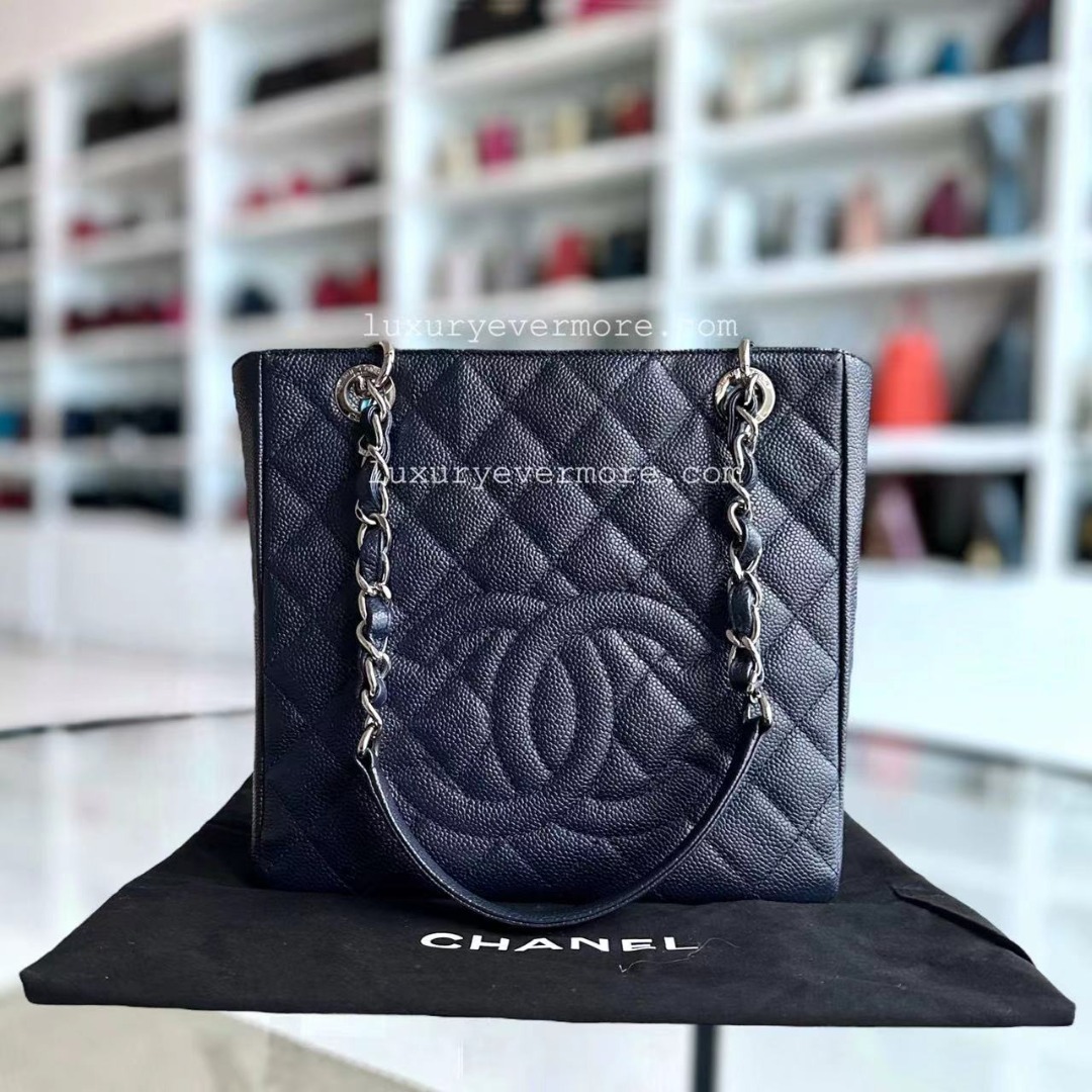 Chanel PST Petite Shopping Tote Caviar Quilted Dark Blue Silver ...
