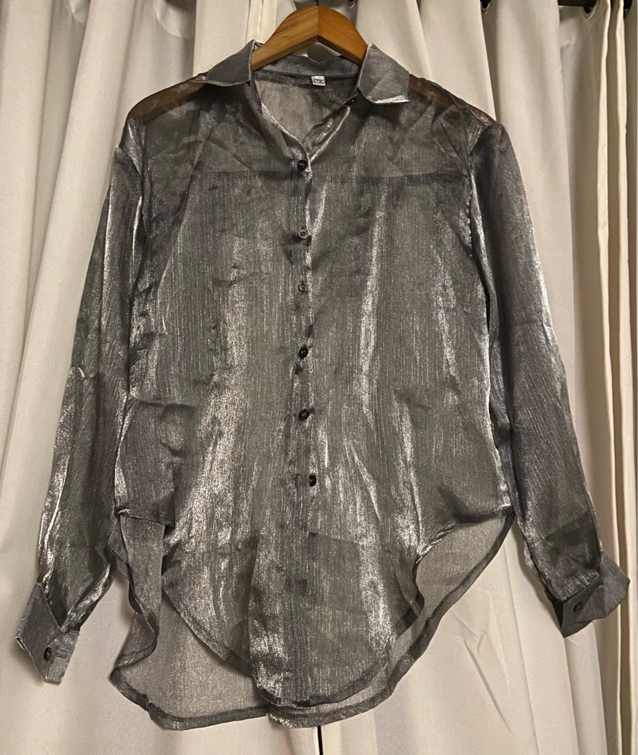 CHASE Metallic Silver Oversized Organza Mesh Polo Long Sleeves, Women's ...