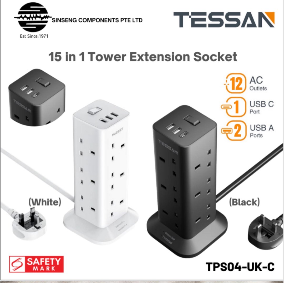 Tessan Extension Tower 12 Ways Socket Outlet Tower Multi Plug c/w 2 USB ...
