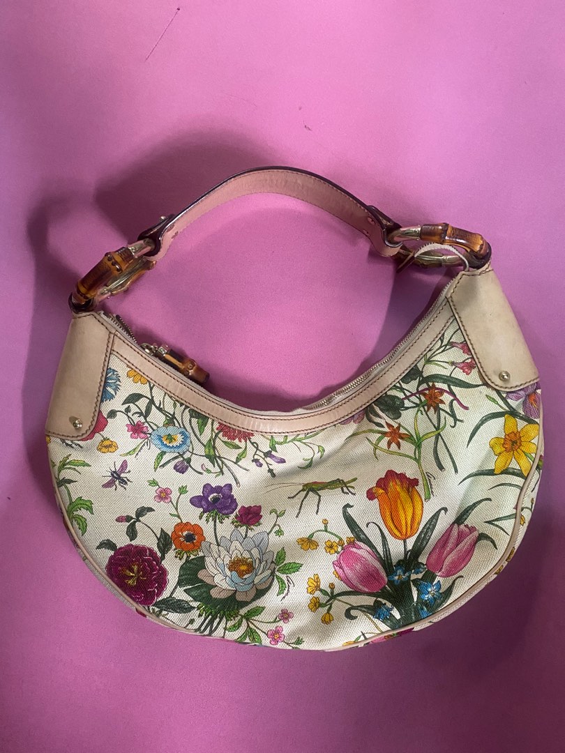 AUTHENTIC Gucci White Botanical Floral Canvas Bamboo Ring Hobo, Luxury ...