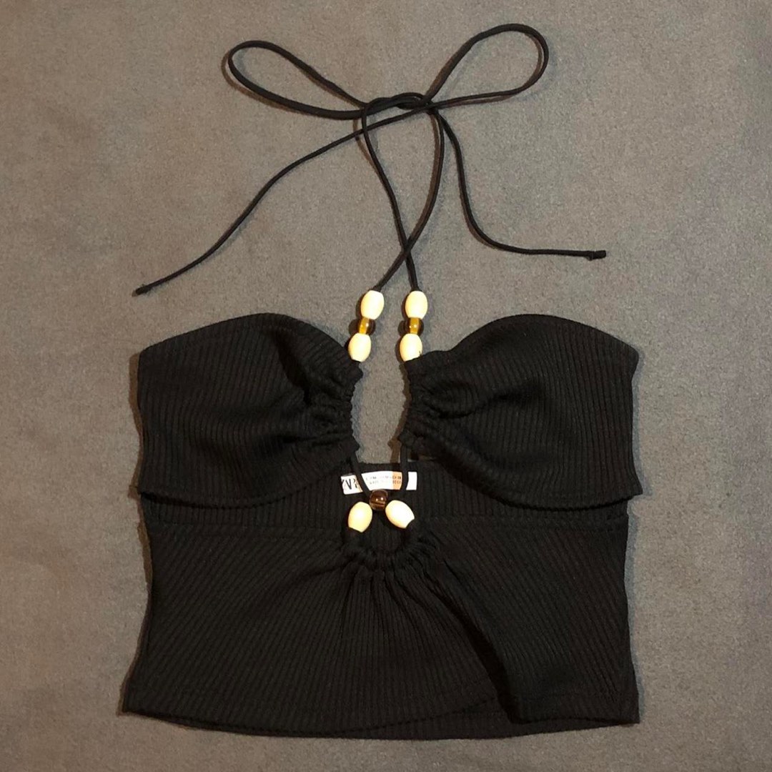 BNWT Zara black halter top with shell details, Women's Fashion, Tops ...