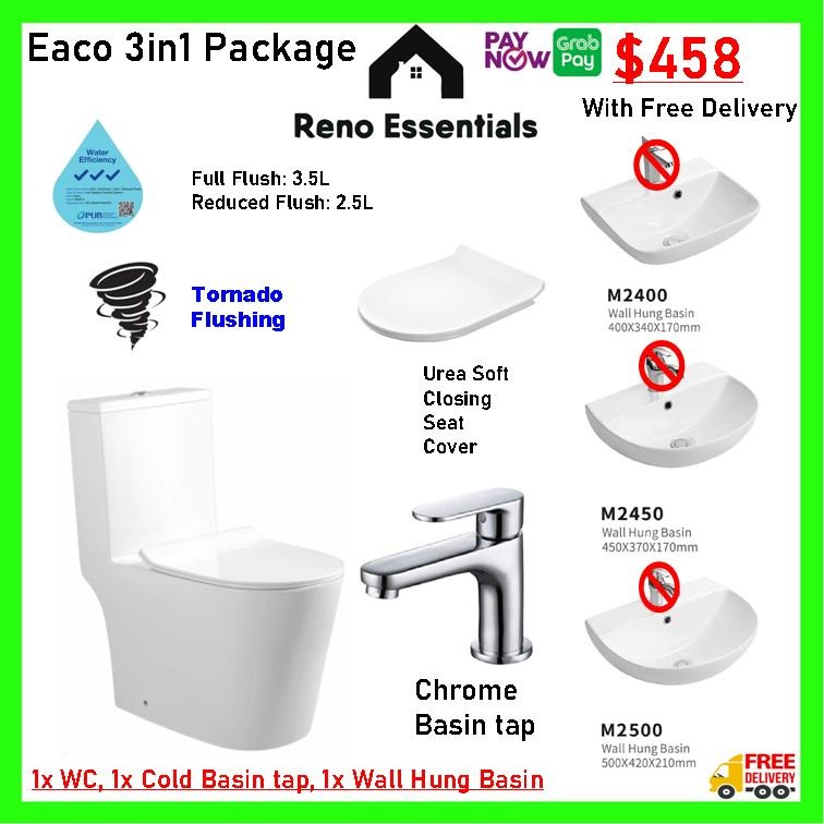 EACO T933 3 in 1 Package WC toilet bowl wall hung basin basin tap, Furniture & Home Living ...