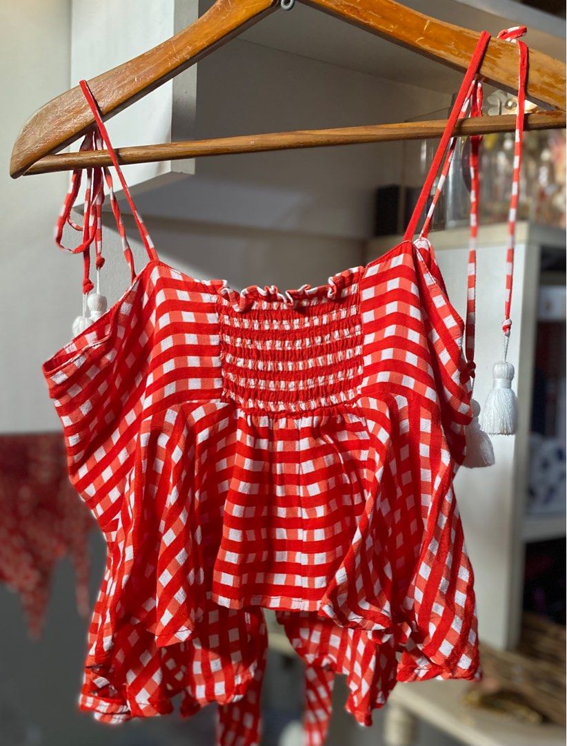 Faithfull The Brand Splice Top in Red with Gingham print, Women's ...