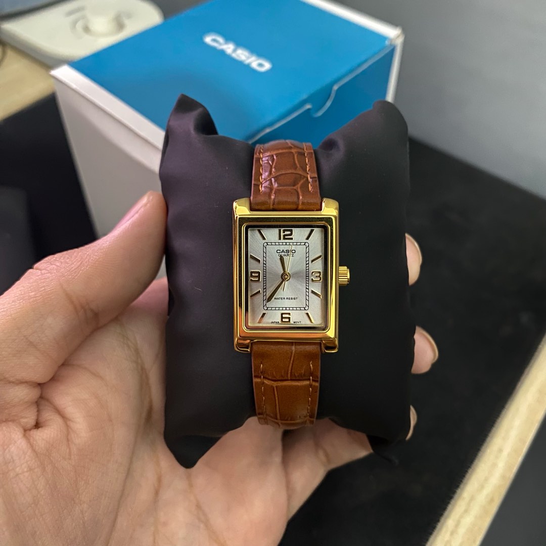 Casio square watch LTP-1234 gold leather strap, Women's Fashion ...