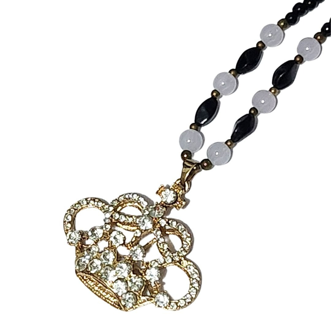 Kalung Rantai Hitam Manik Liontin Gold Diamond Crown Mahkota Mutiara ...
