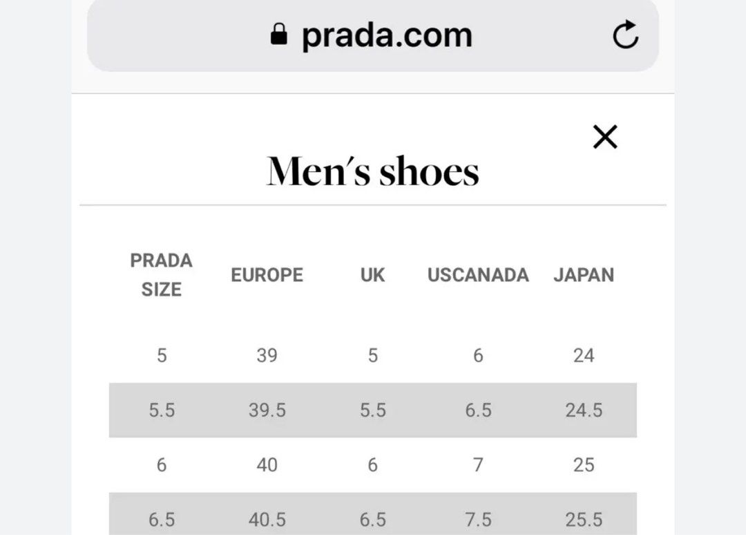 prada clothes size chart