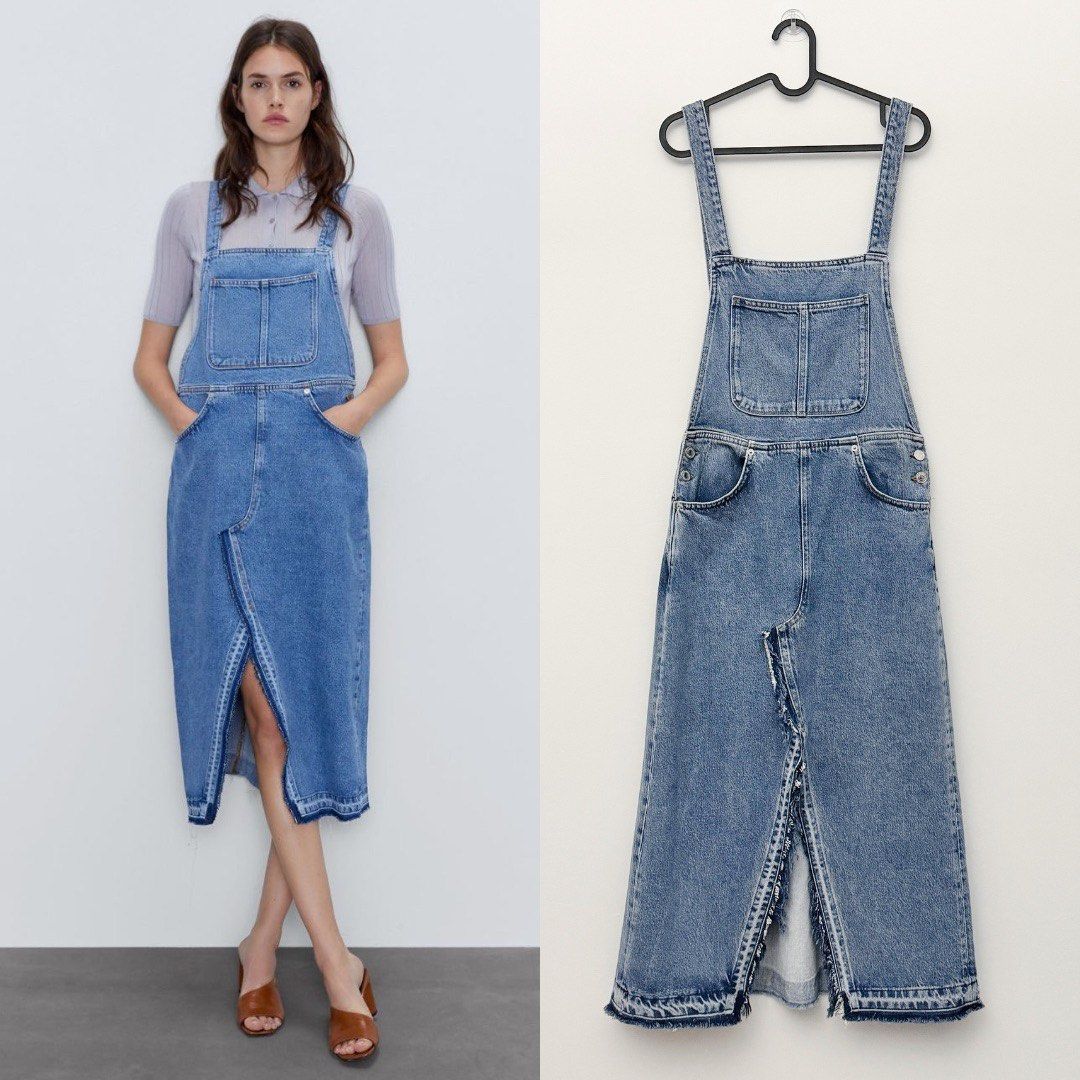 ZARA Denim Crossover Overall Dress, Women's Fashion, Dresses & Sets ...