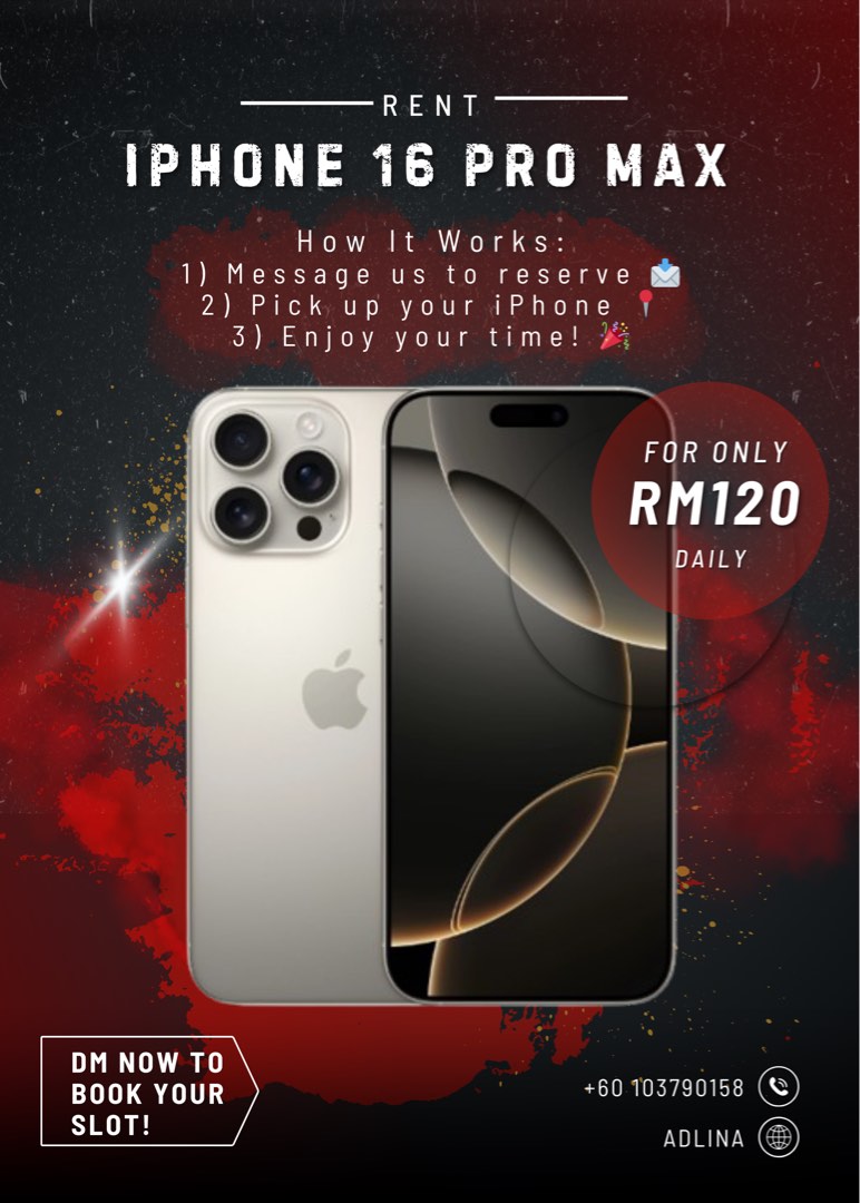 FOR RENT / SEWA IPHONE 16 PRO MAX 256 GB PHONE RENTAL SERVICE, Mobile ...